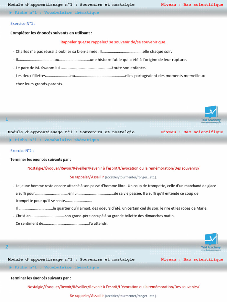 fiche1-vocabulaire-thematique | PDF | Nostalgie (sentiment)