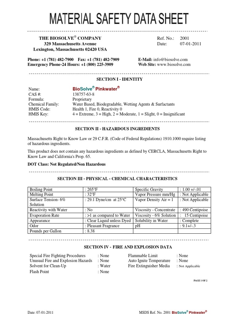 MSDS BioSolve Pinkwater | PDF | Safety | Materials