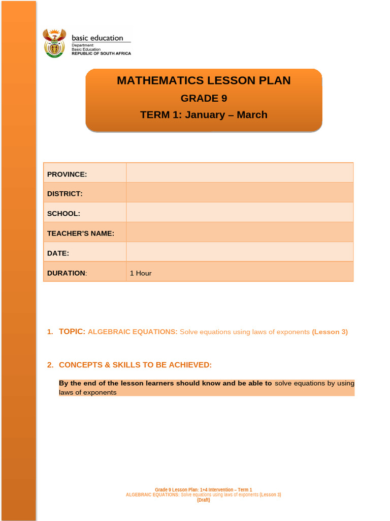 ALGEBRAIC EQUATIONS Term 1 Grade 9 Lesson 3 (Repaired) | PDF | Equations | Algebra