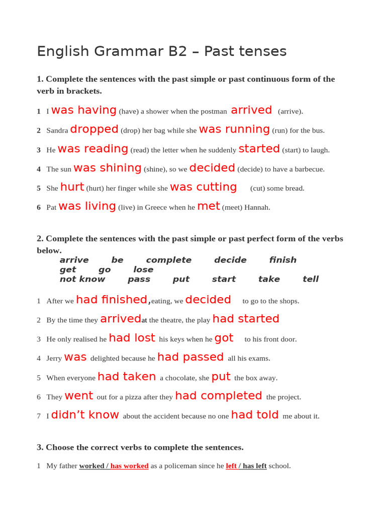 B2 Past Tenses Grammar Exercises | PDF | English Grammar | Linguistics