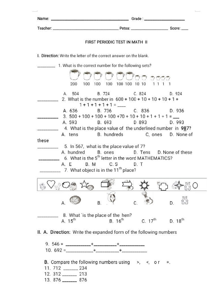 Grade 2-Math Exam 1st Quarter | PDF