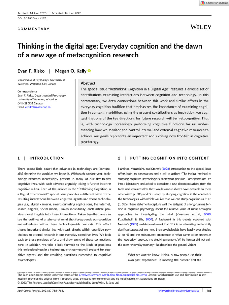 Metacognition in the Digital Age | PDF | Metacognition | Cognition
