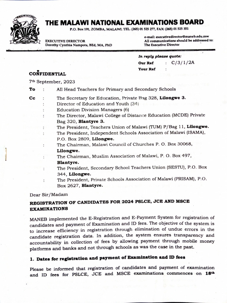 2024-PSLCE MSCE and JCE Registration | PDF