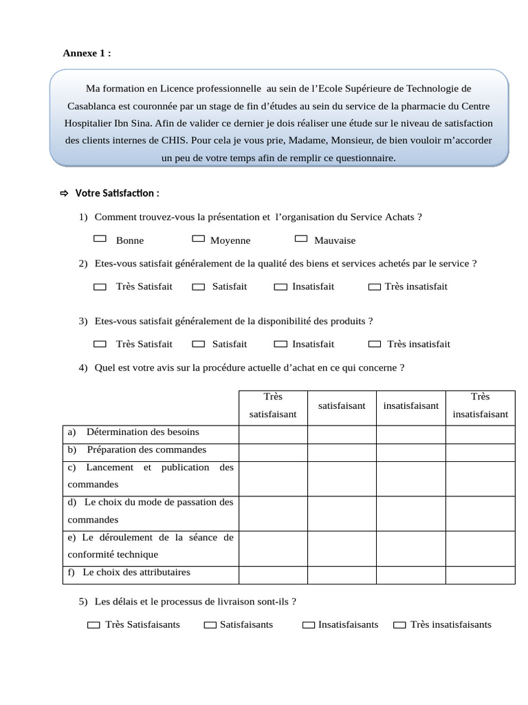 Questionnaire de Satisfaction CHIS | PDF