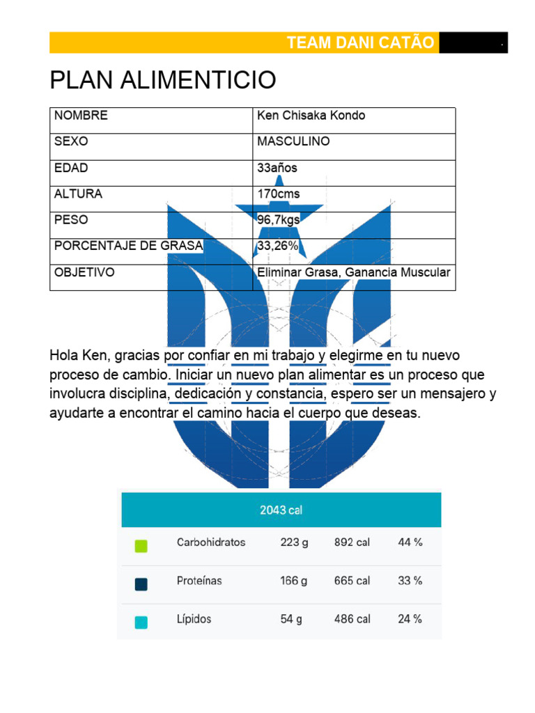 Plan Alimenticio para Ken Chisaka Kondo | PDF | Cocina | Alimentos