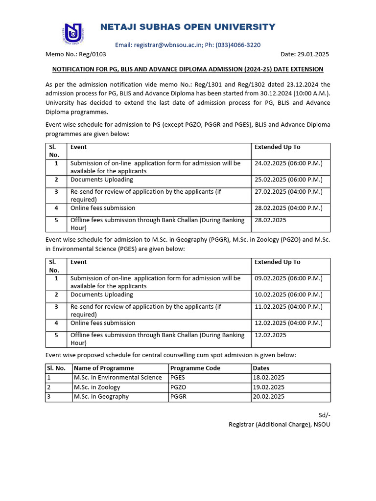NSOU PG BLIS AD Admission EXTENSION Notice 2024 | PDF