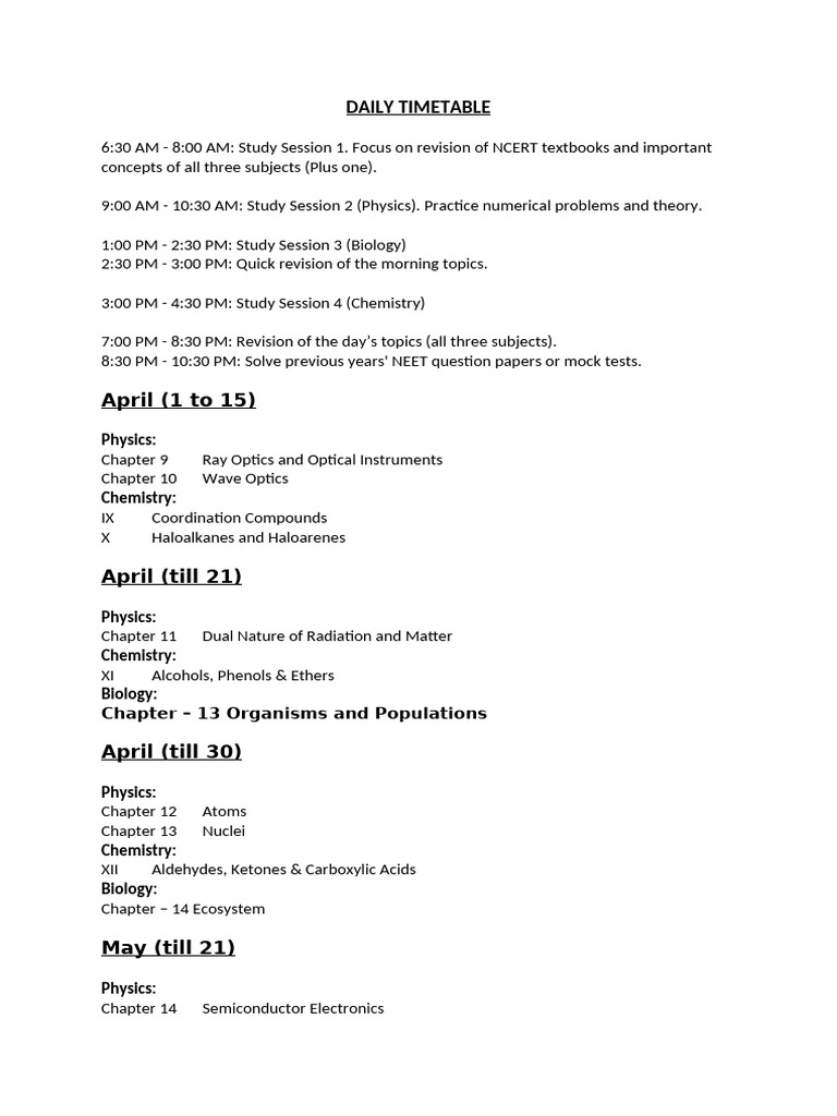 NEET Exam Study Timetable | PDF | Chemistry | Physics