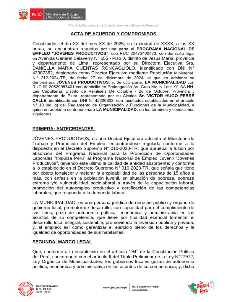 MODELO ACTA DE ACUERDO Y COMPROMISOS CON MUNICIPALIDADES | PDF | Gobierno local | Perú