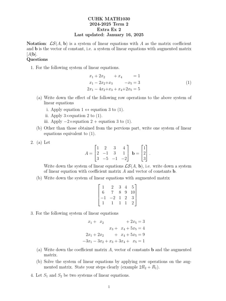 2025math1030ex2-2 | PDF | System Of Linear Equations | Matrix (Mathematics)