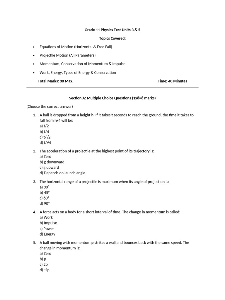 Grade 11 Physics Test: Motion & Energy | PDF | Force | Momentum
