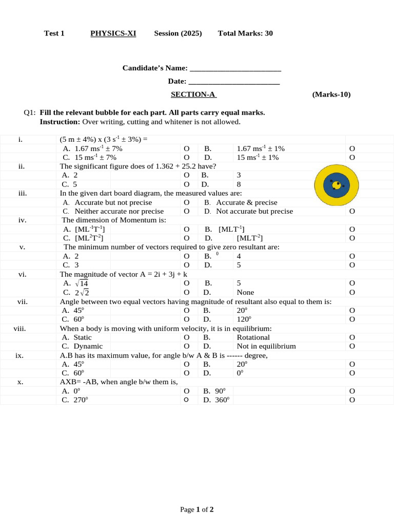 11th Phy Test Unit-1 & 2 | PDF | Euclidean Vector | Physics