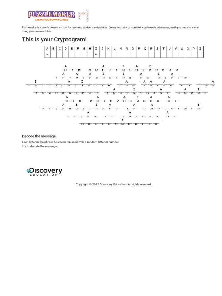 Cryptogram Puzzle Discovery Education Puzzlemaker | PDF