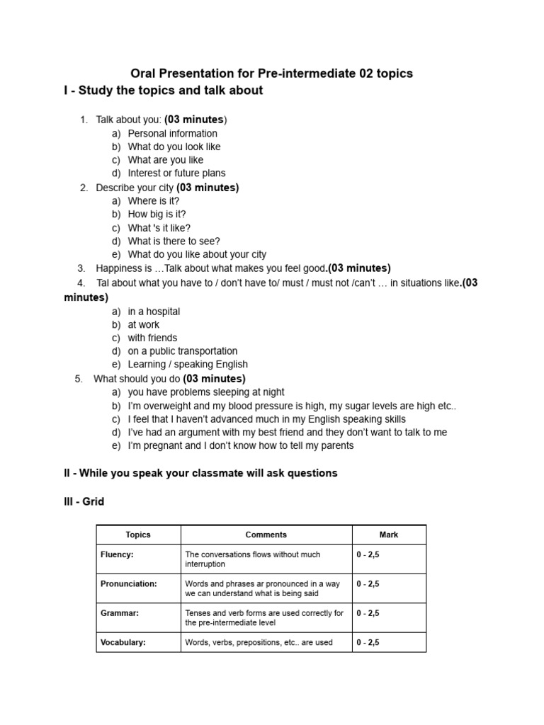 Oral Presentation For Pre-Intermediate 02 Topics | PDF