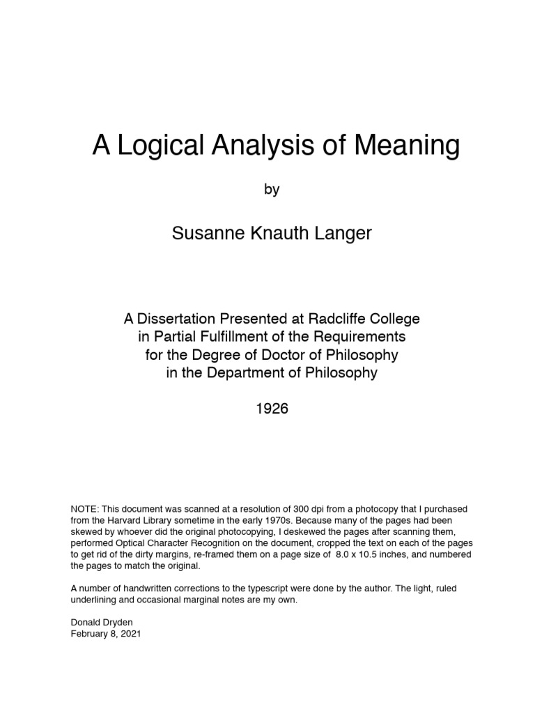 Langer Susanne K. 1926 a Logical Analysis of Meaning Doctoral Dissertation Scanned PDF From ...