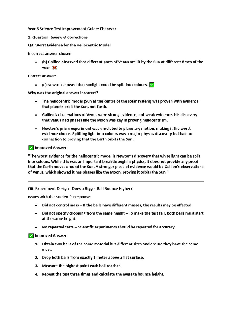 Year 6 Science Test Improvement Guide | PDF | Experiment | Sun