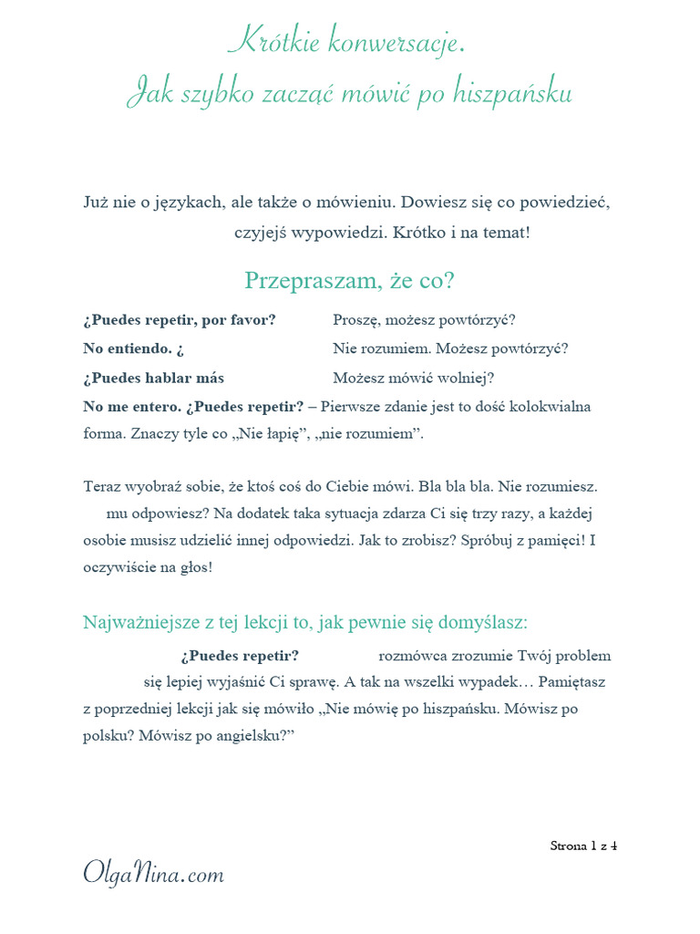 Lekcja 7 - KrÃ Tkie Konwersacje - Hiszpaå Ski | PDF