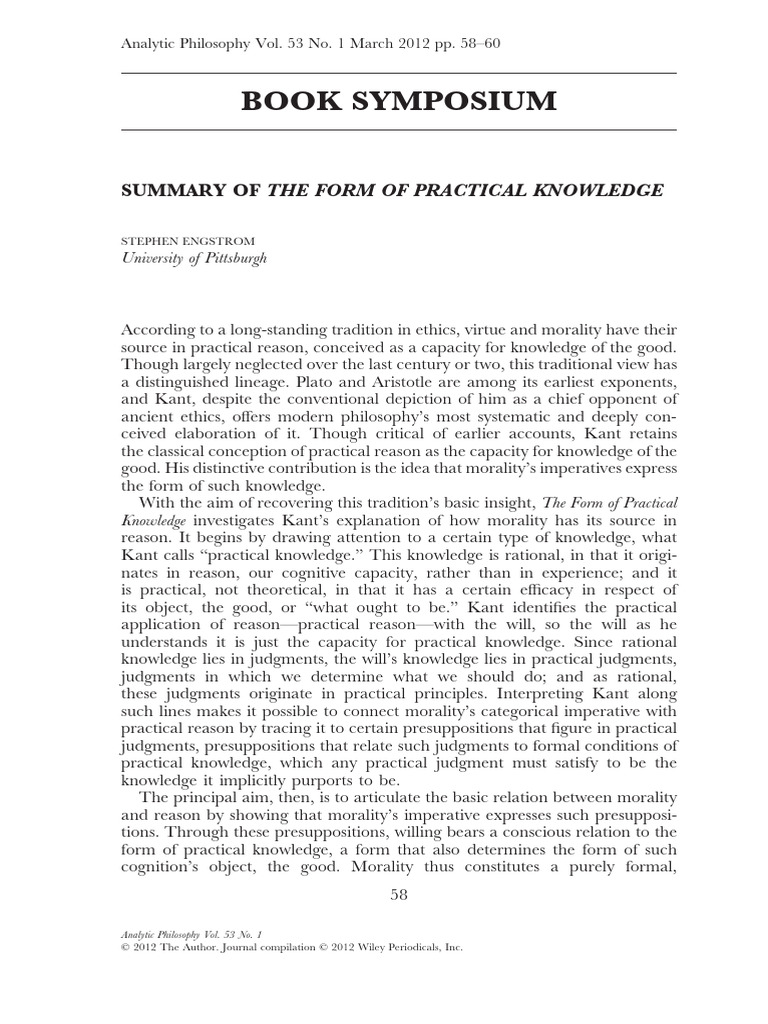 Stephen Engstrom - SUMMARY OF THE FORM OF PRACTICAL KNOWLEDGE | PDF ...