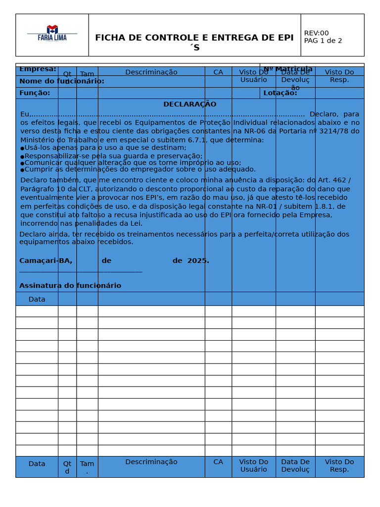 Ficha de Controle e Entrega de Epi | PDF