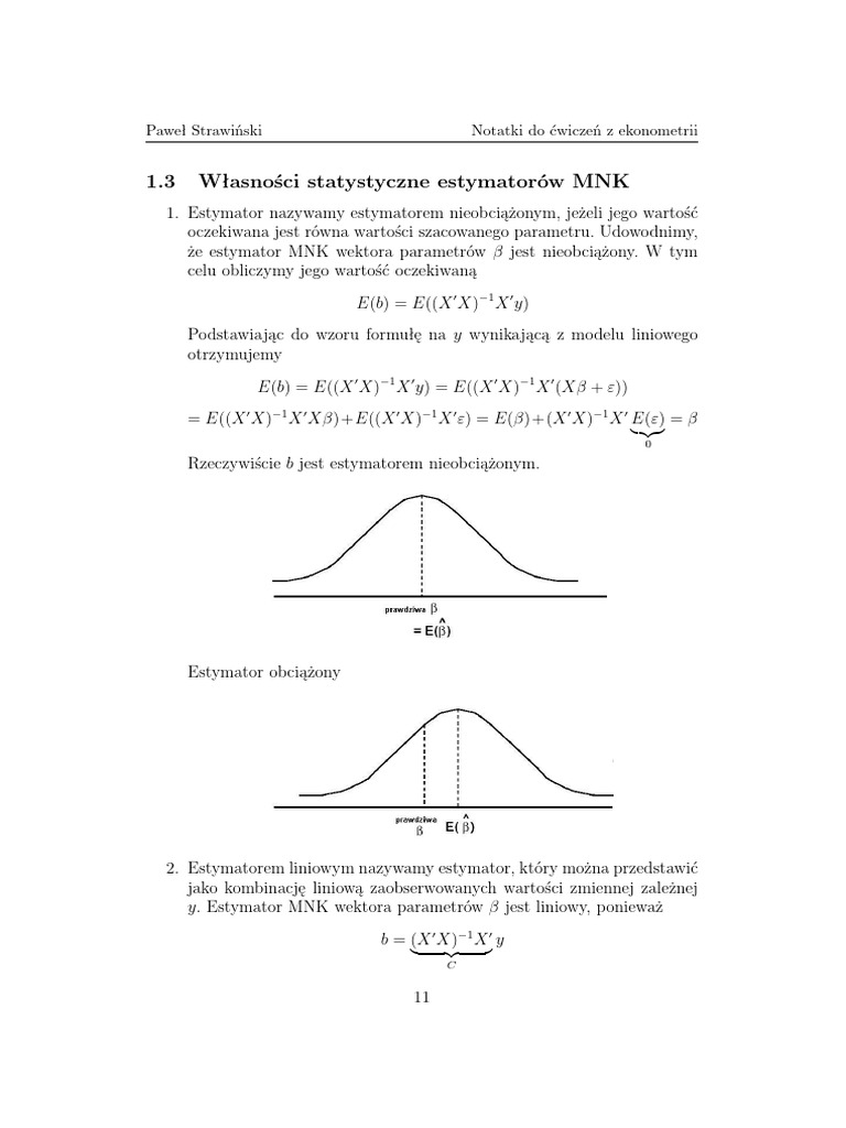 1.3 Własności Statystyczne Estymatorów MNK: Paweł Strawiński Notatki Do Ćwiczeń Z Ekonometrii | PDF