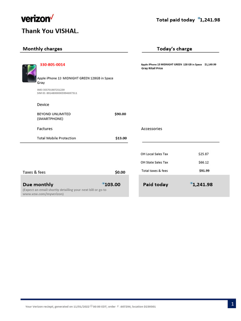 Verizon Receipt for iPhone Purchase | PDF