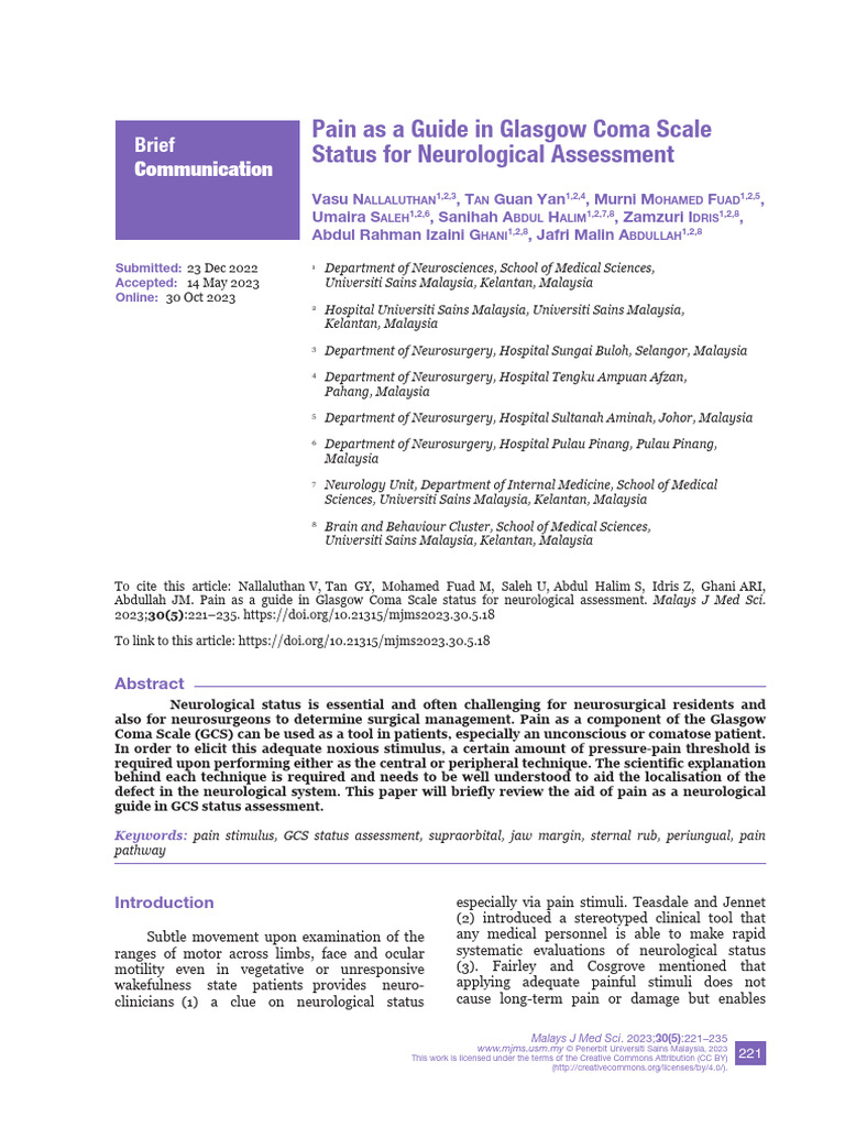 Pain As A Guide in Glasgow Coma Scale | PDF | Thalamus | Cerebral Cortex