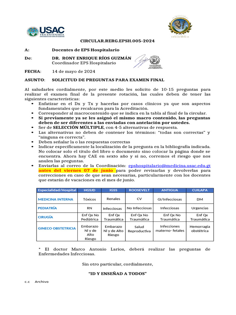 CIRCULAR 005-2024 Solicitud de Preguntas Para Examen Final | PDF | Ciencias de la Salud ...