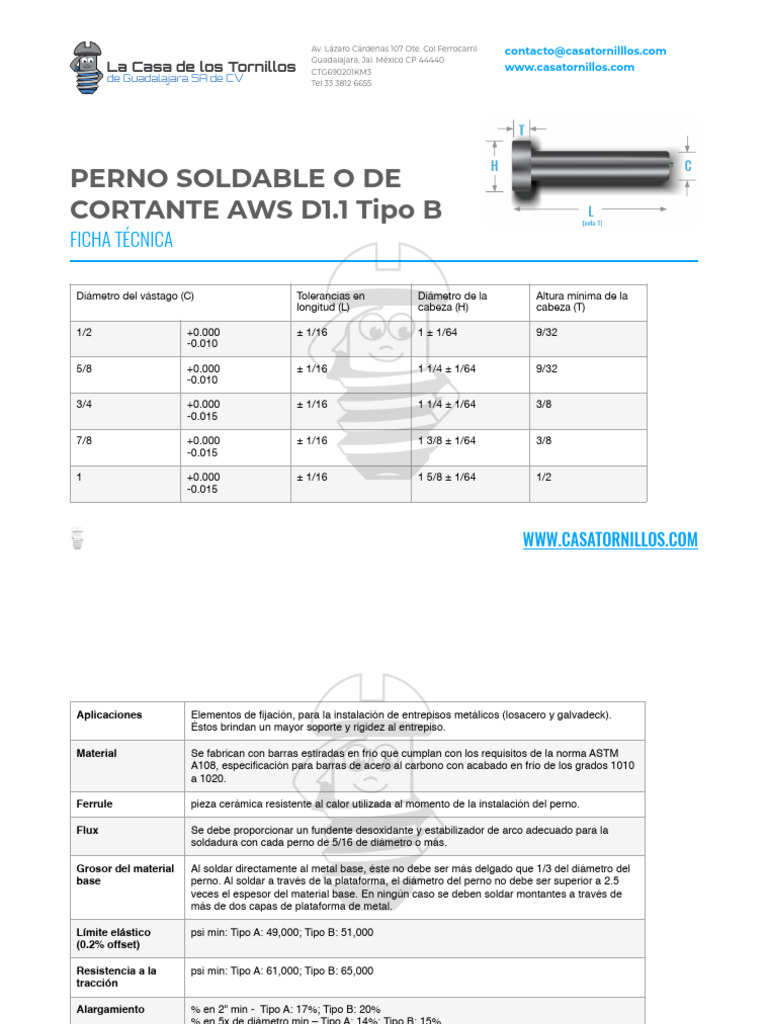 Perno Soldable Tipo B: Ficha Técnica | PDF | Tornillo | Soldadura