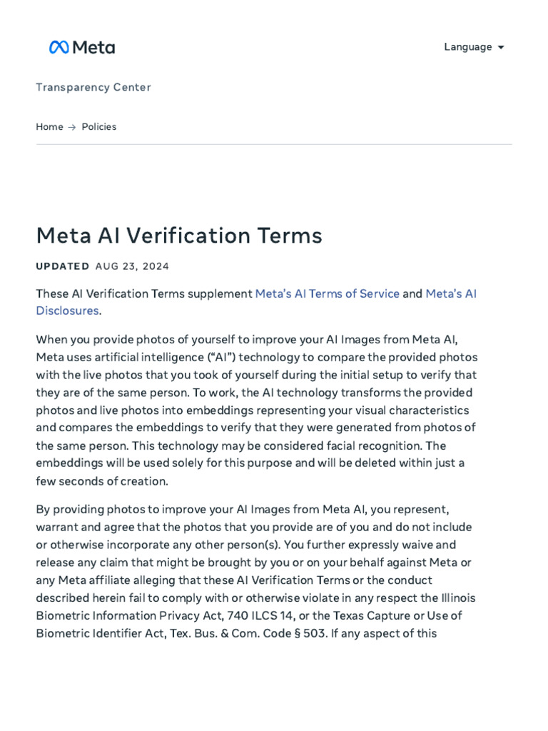 Meta AI Verification Terms - Transparency Center | PDF