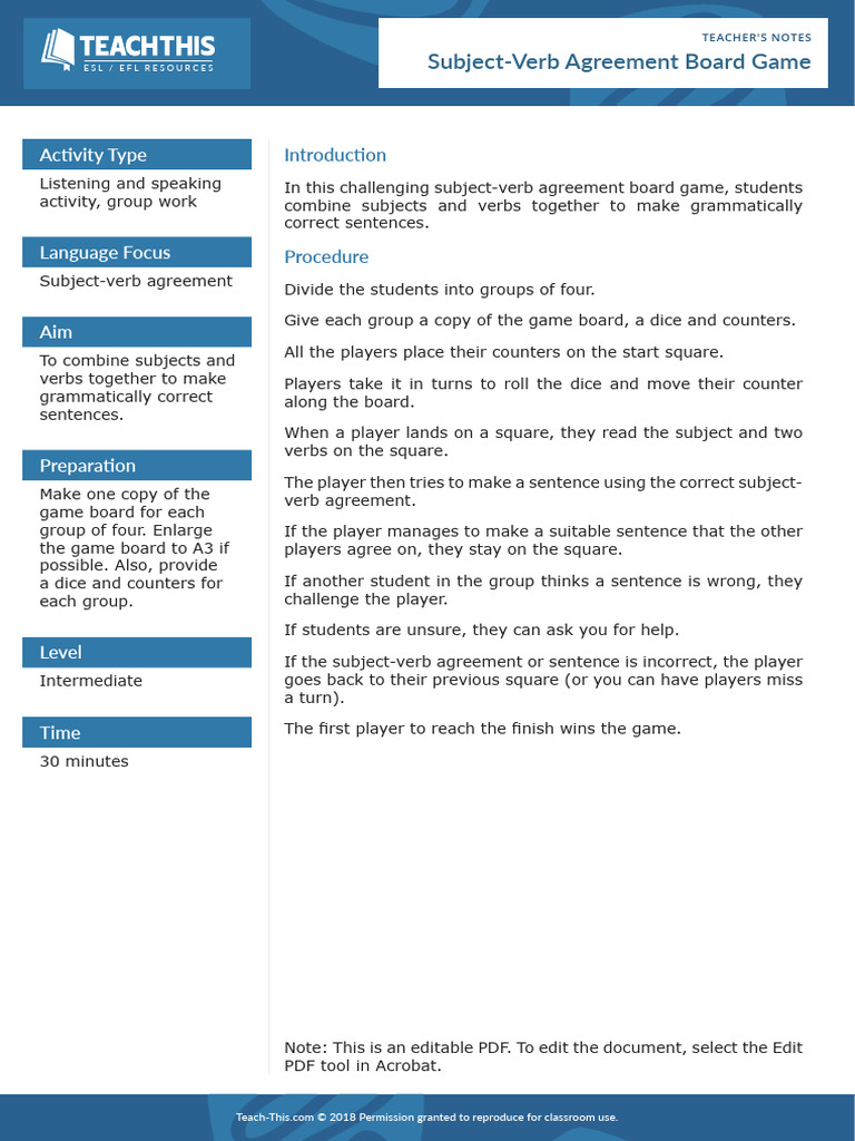 Subject-Verb Agreement Board Game Intermediate (B1) | PDF | Verb ...
