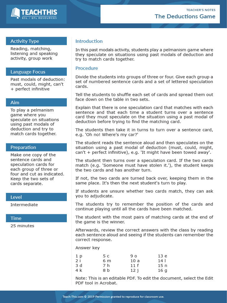 Past Modals Deduction Game Activity | PDF