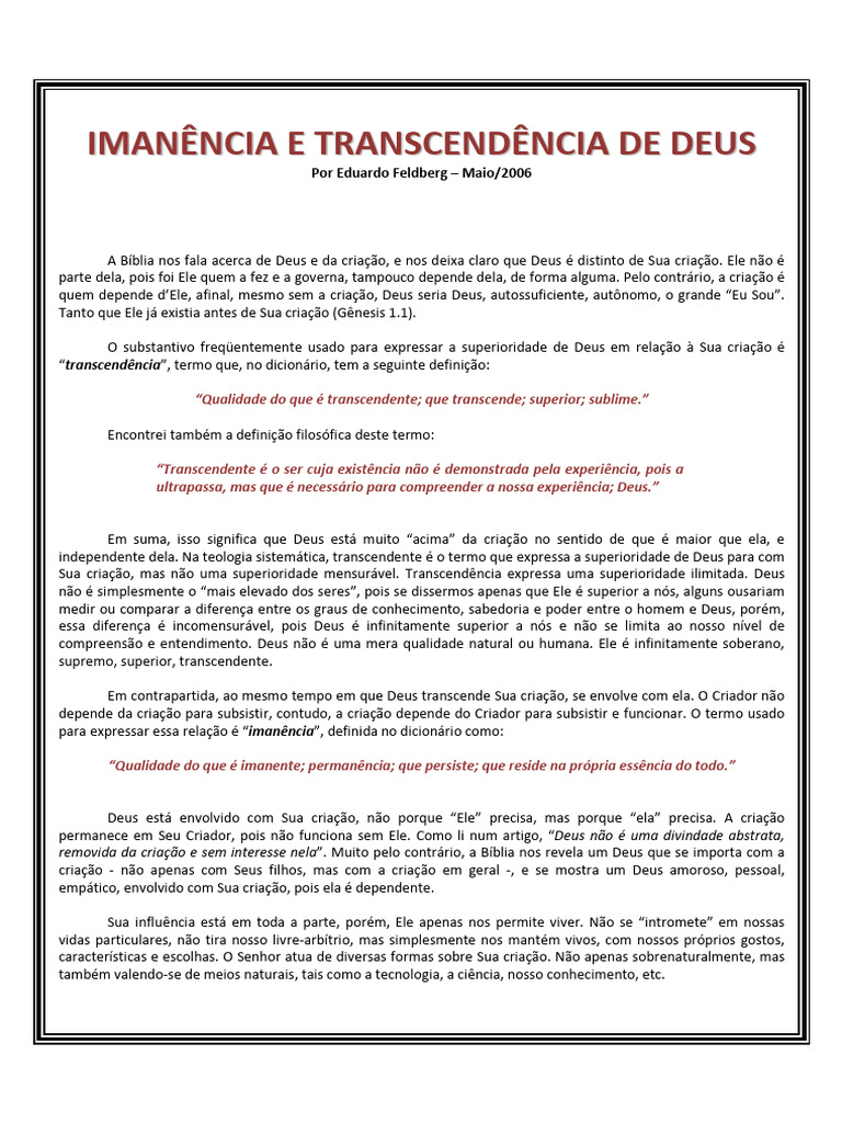 Transcendência e Imanência de Deus | PDF | Deus | Transcendência (religião)