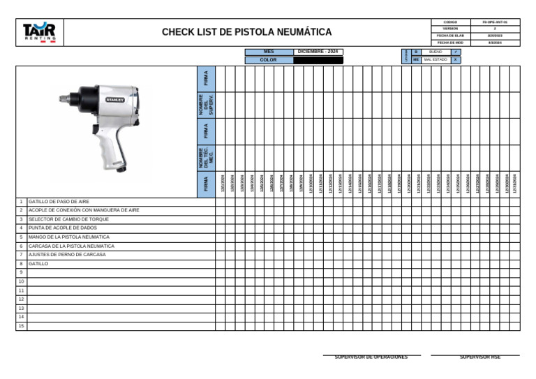 f8-Ope-Ant-01 Check List Pistola Neumatica v2 | PDF