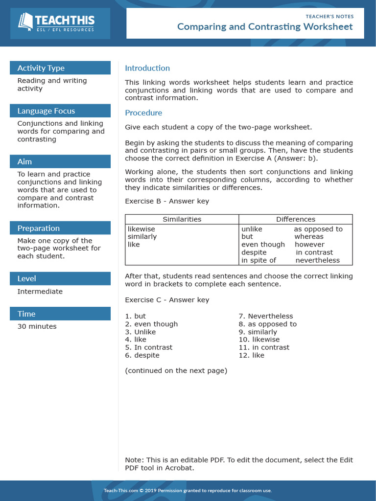 Comparing and Contrasting Worksheet - Intermediate (B1) | PDF | English ...