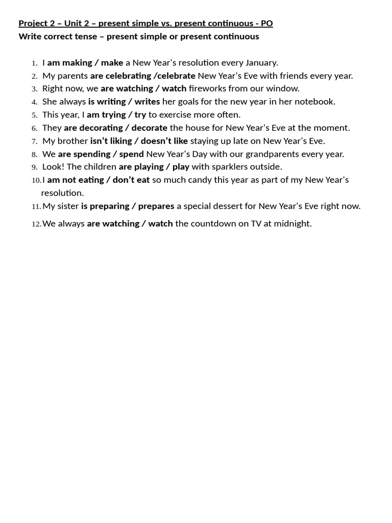 Project 2 Unit 2 Test Present Simple Vs Continuous New Year | PDF