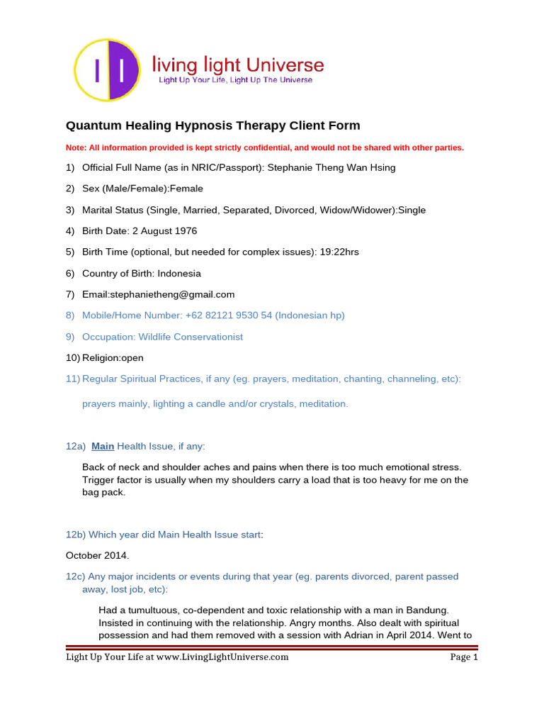 Living Light Universe - QHHT Client Form - Stephanie 2015 | PDF ...