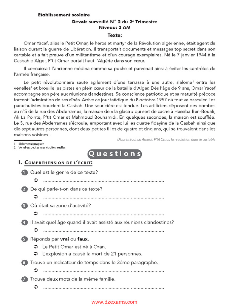 Dzexams 3am Francais Petit Omar 2 | PDF