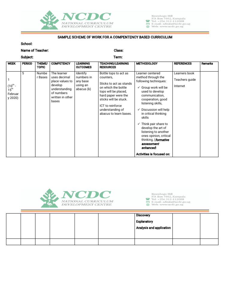 Sample Scheme of Work For A Compentency Based Curriculum | PDF