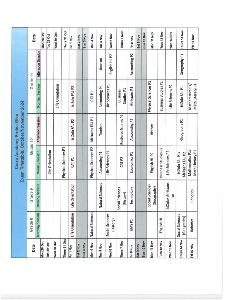 Grade 8 To 11 Revised Final Exam Timetable 2024 | PDF