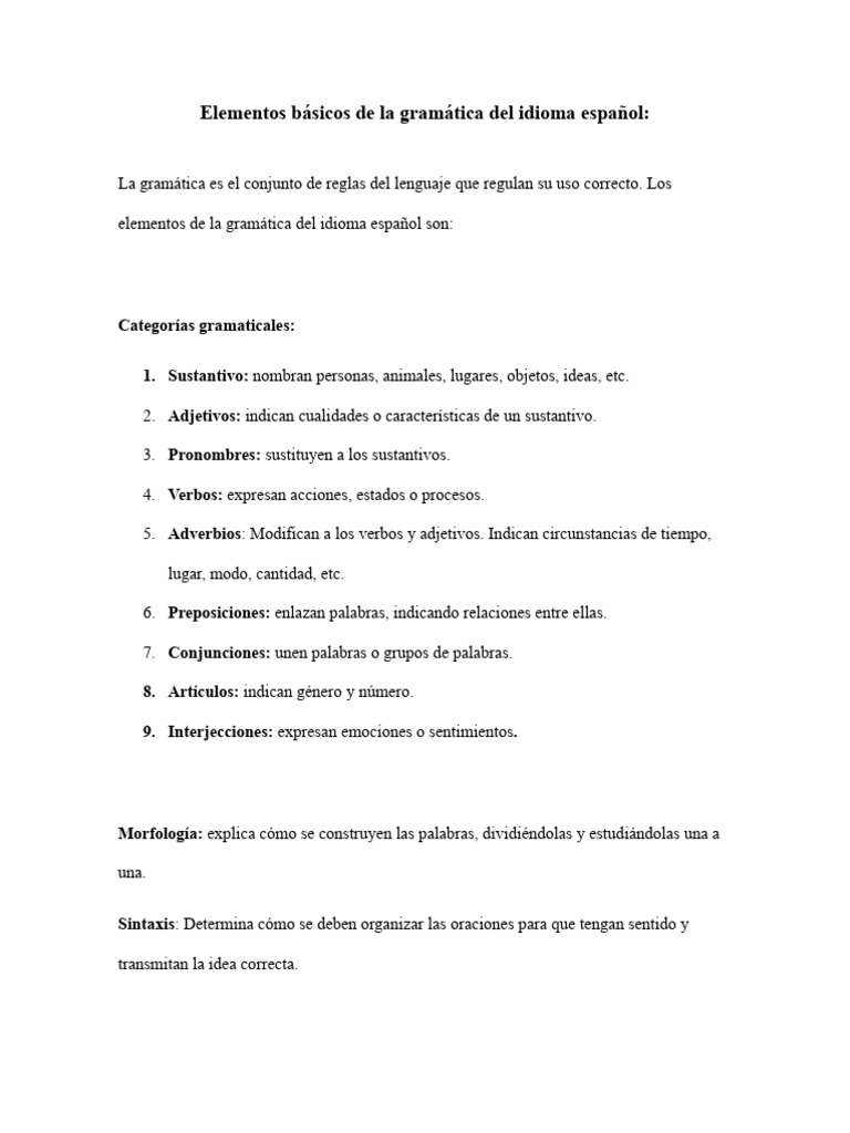 Elementos Básicos de La Gramática Del Idioma Español | PDF