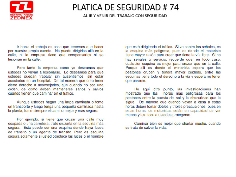 Platica 74 AL IR Y VENIR DEL TRABAJO CON SEGURIDAD | PDF