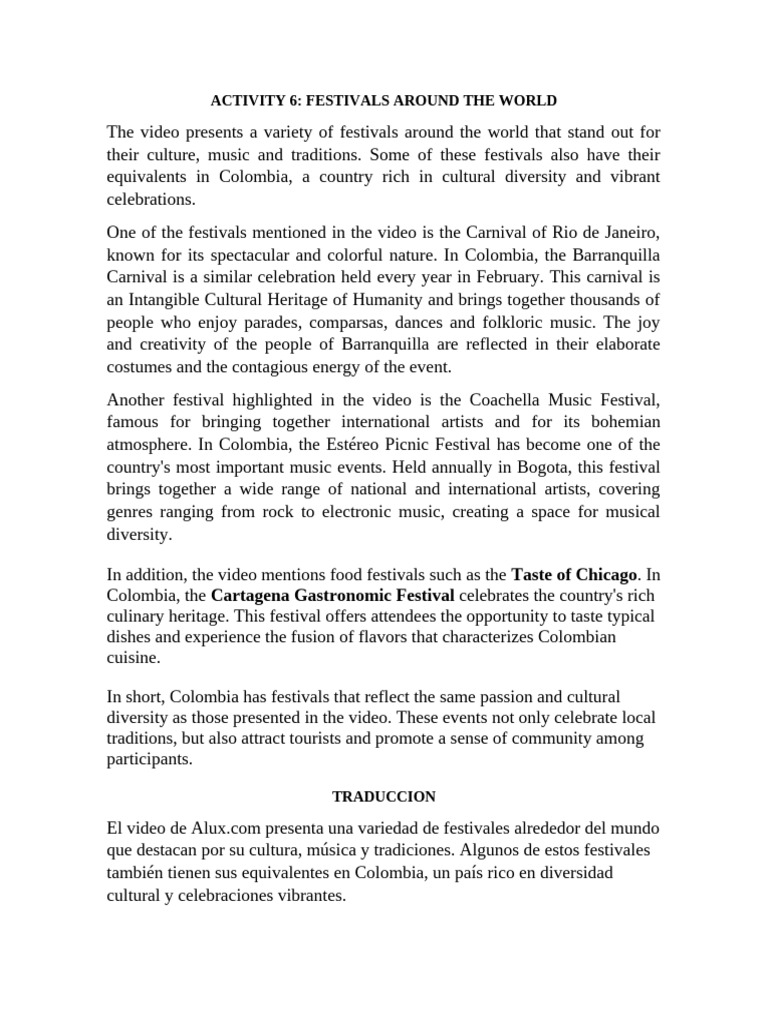 ACTIVITY 6 FESTIVALS AROUND THE WORLD Traduccion | PDF | Eventos de ...