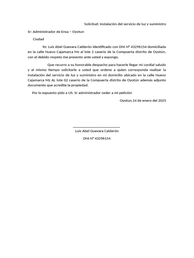 Solicitud de Instalación de Luz | PDF