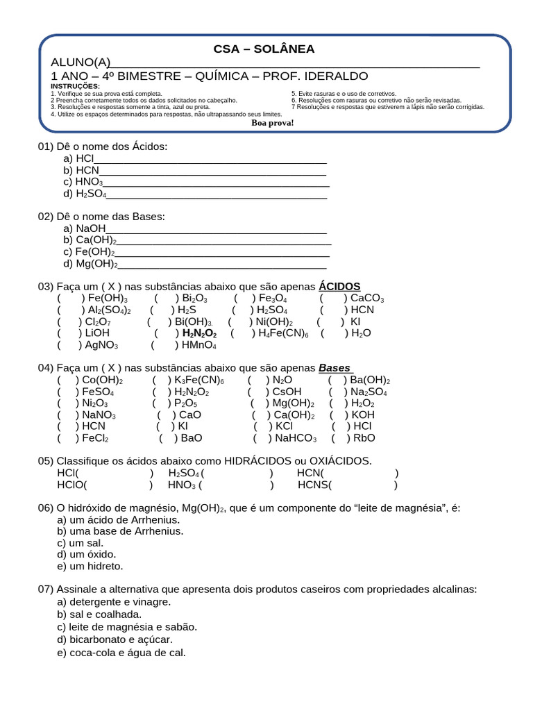 CSA Acidos e Bases-1ano - 4B | PDF | Ácido | Ramos da Termodinâmica