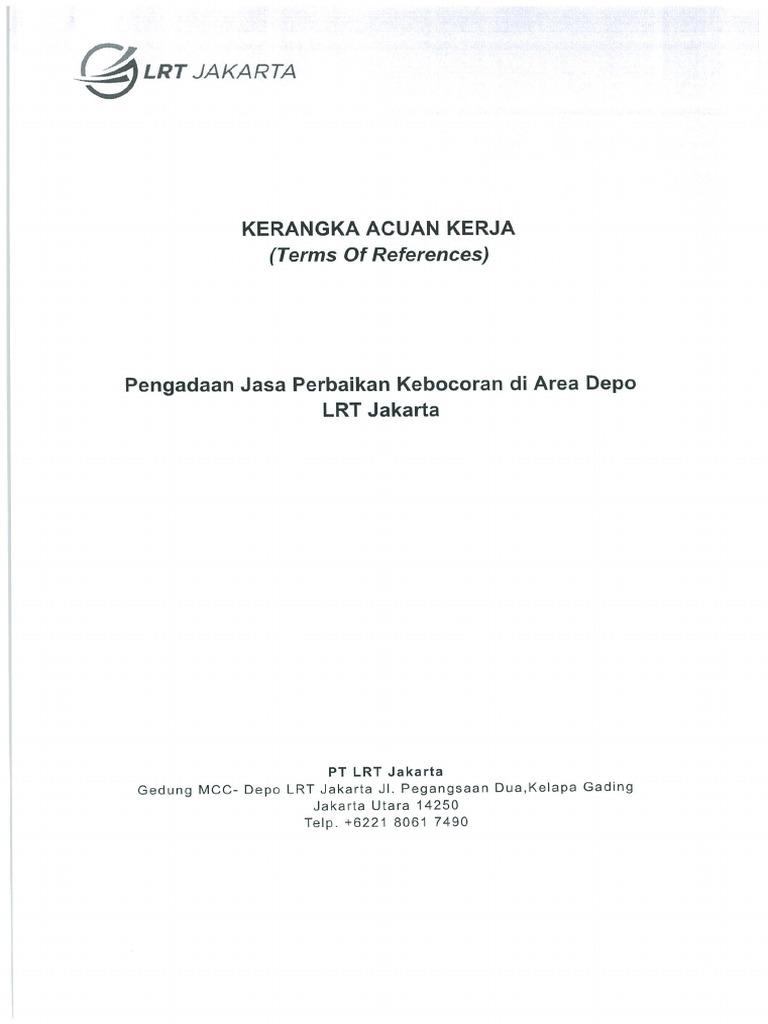 Kerangka Acuan Kerja Pengadaan Jasa Perbaikan Kebocoran Di Area Depo LRT Jakarta | PDF
