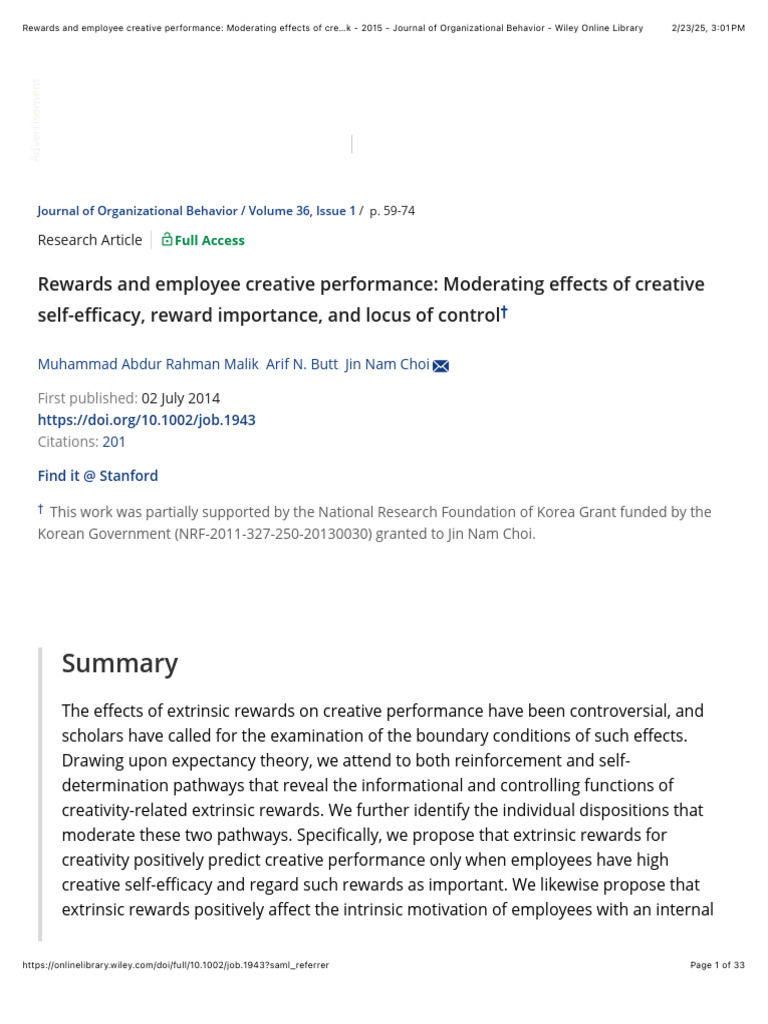 Rewards and employee creative performance: Moderating effects of ...