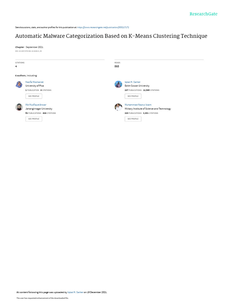 Mosharrat2022 Chapter AutomaticMalwareCategorization | PDF | Malware | Cluster Analysis