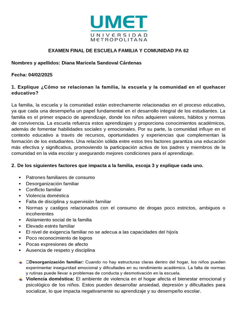 Examen Final de Escuela Familia y Comunidad | PDF | Escuelas | Las emociones