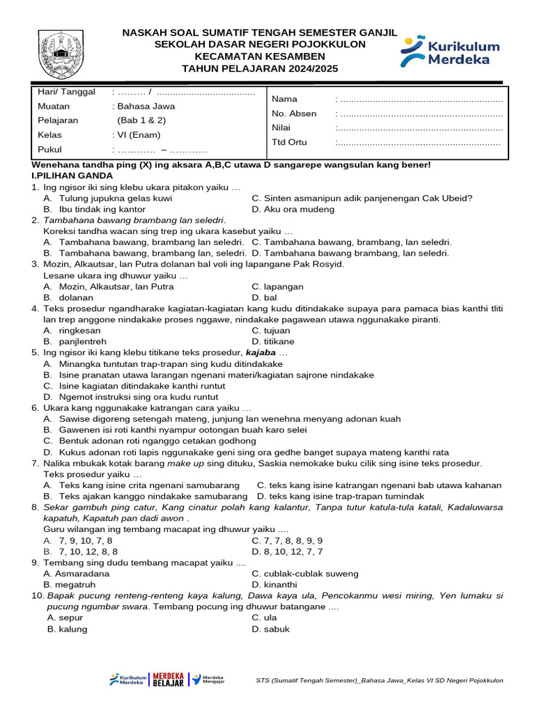 Kumer - Vi - Bahasa Jawa Bab 1 & 2 - Naskah Soal - 2024 | PDF