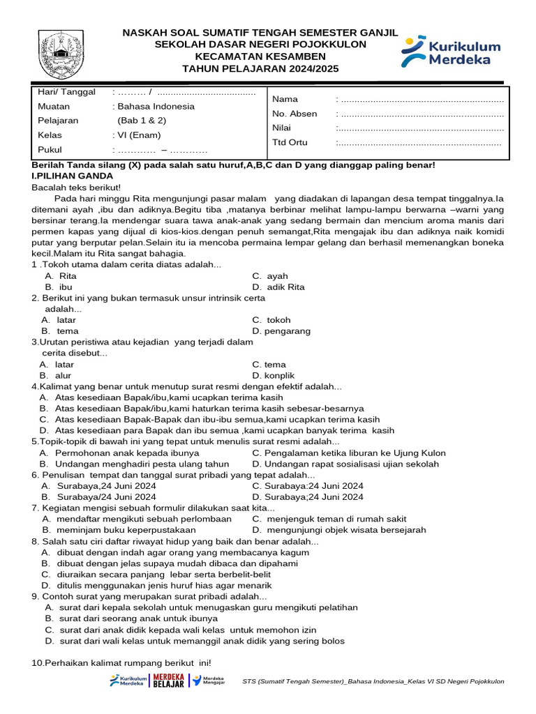 Kumer - Vi - Bahasa Indonesia Bab 1 & 2 - Naskah Soal - 2024 | PDF