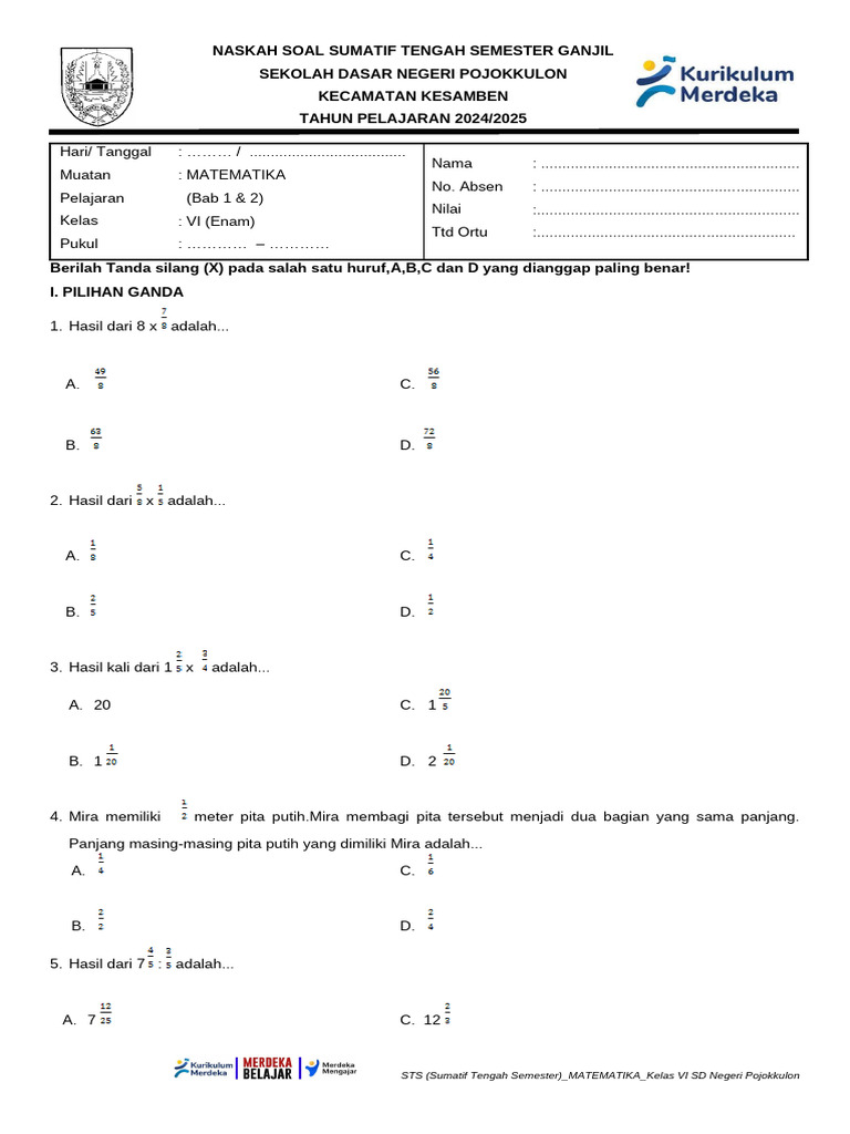 Kumer - Vi - Matematika Bab 1 & 2 - Naskah Soal - 2024 | PDF